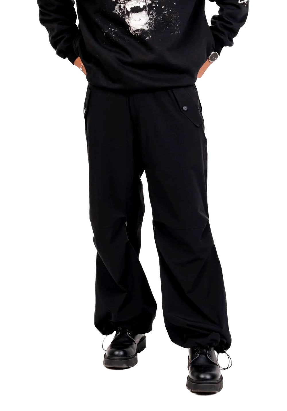 Unisex Parachute Pants (Black) - Baggy Fit, 100% Nylon